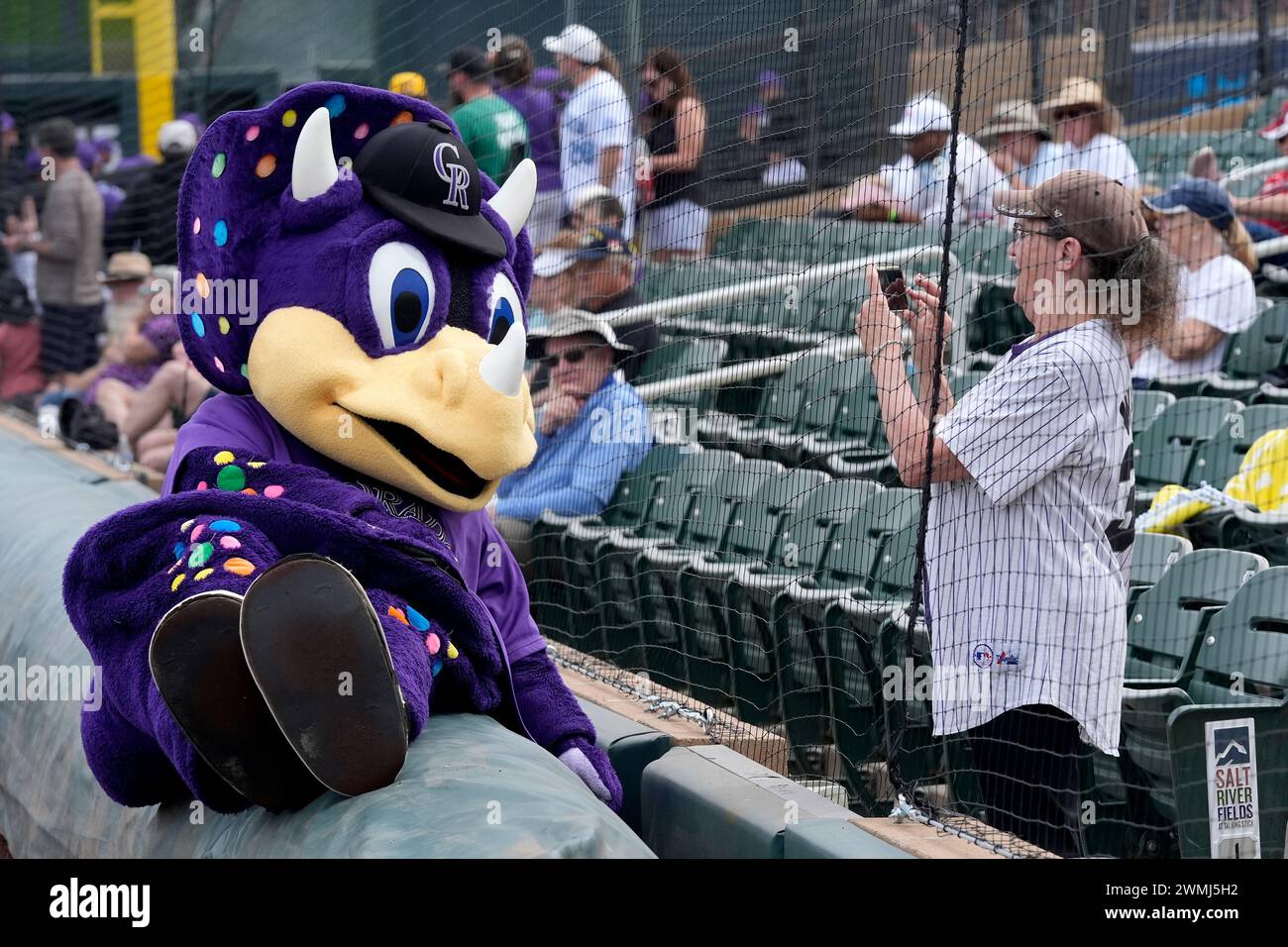 Colorado Rockies mascot Dinger poses for a photograph prior to a spring ...