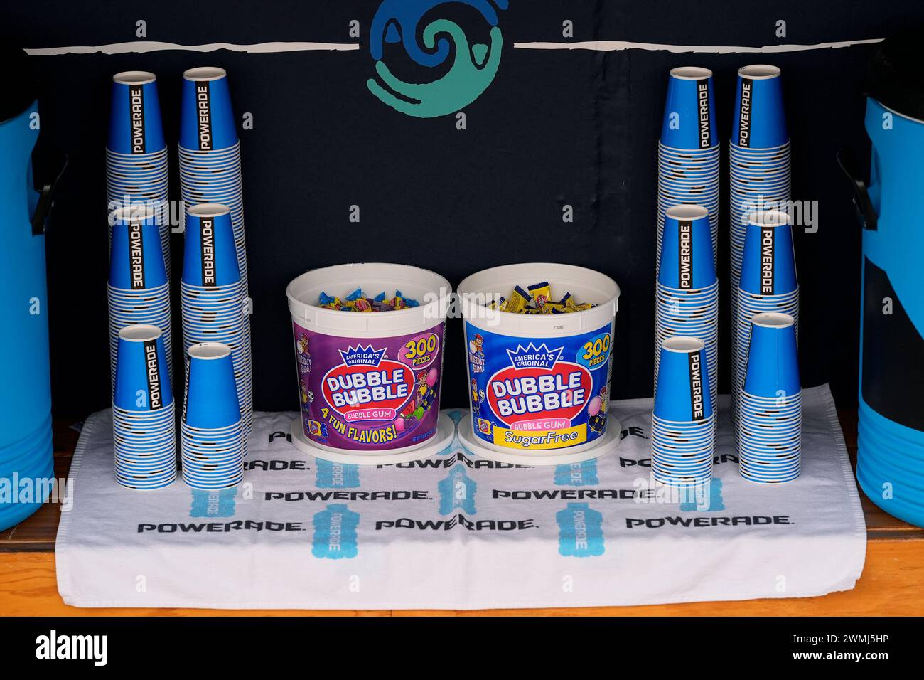 The Arizona Diamondbacks dugout is prepped with Powerade cups and ...