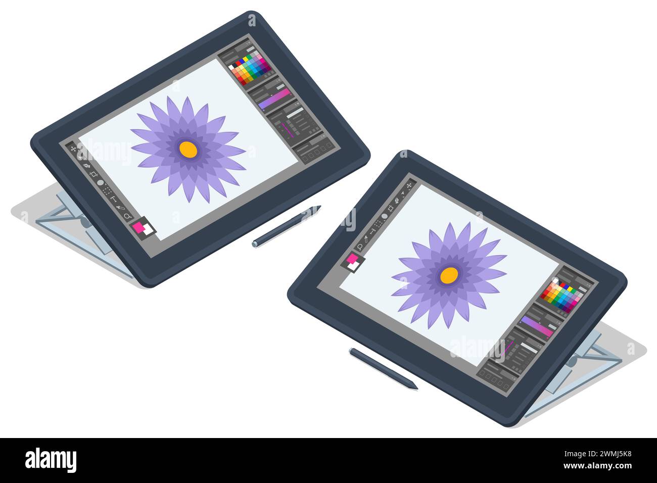 Isometric Graphic design studio. Artist drawing something on graphic ...