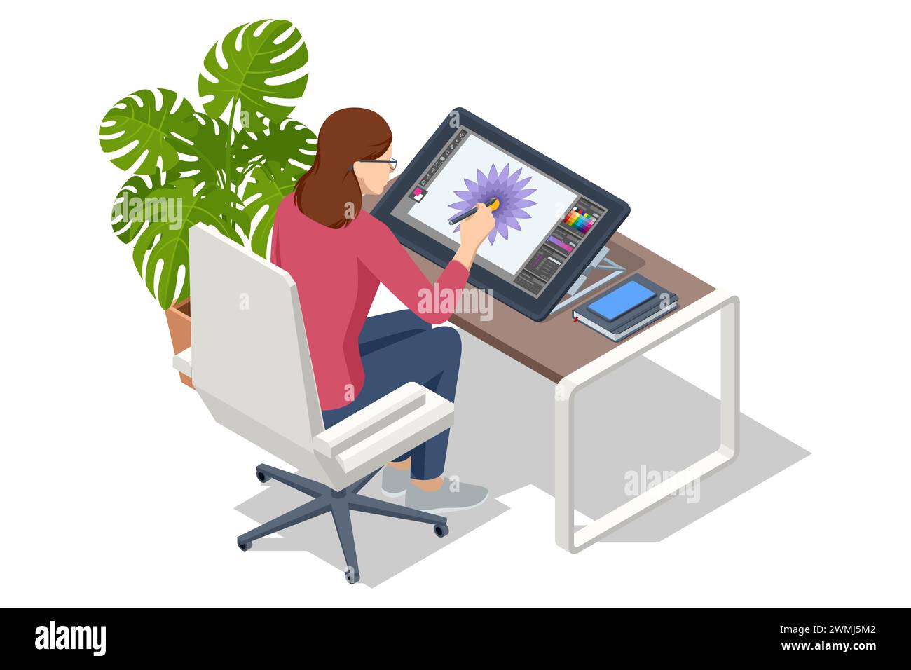 Isometric Graphic design studio. Artist drawing something on graphic ...
