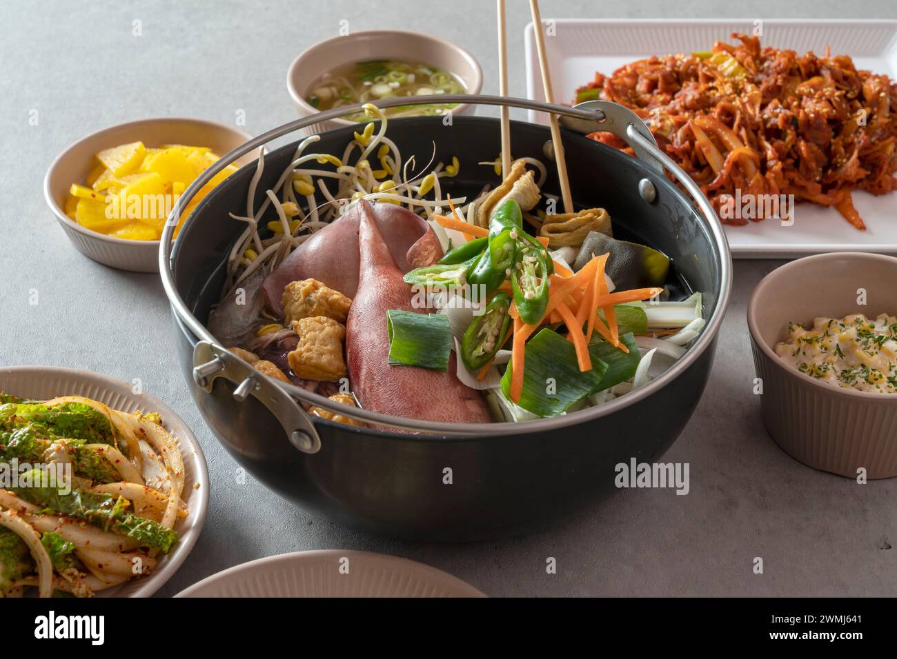 Korean food dish Stir-fried cartilage rice ball, seafood fish cake soup ...