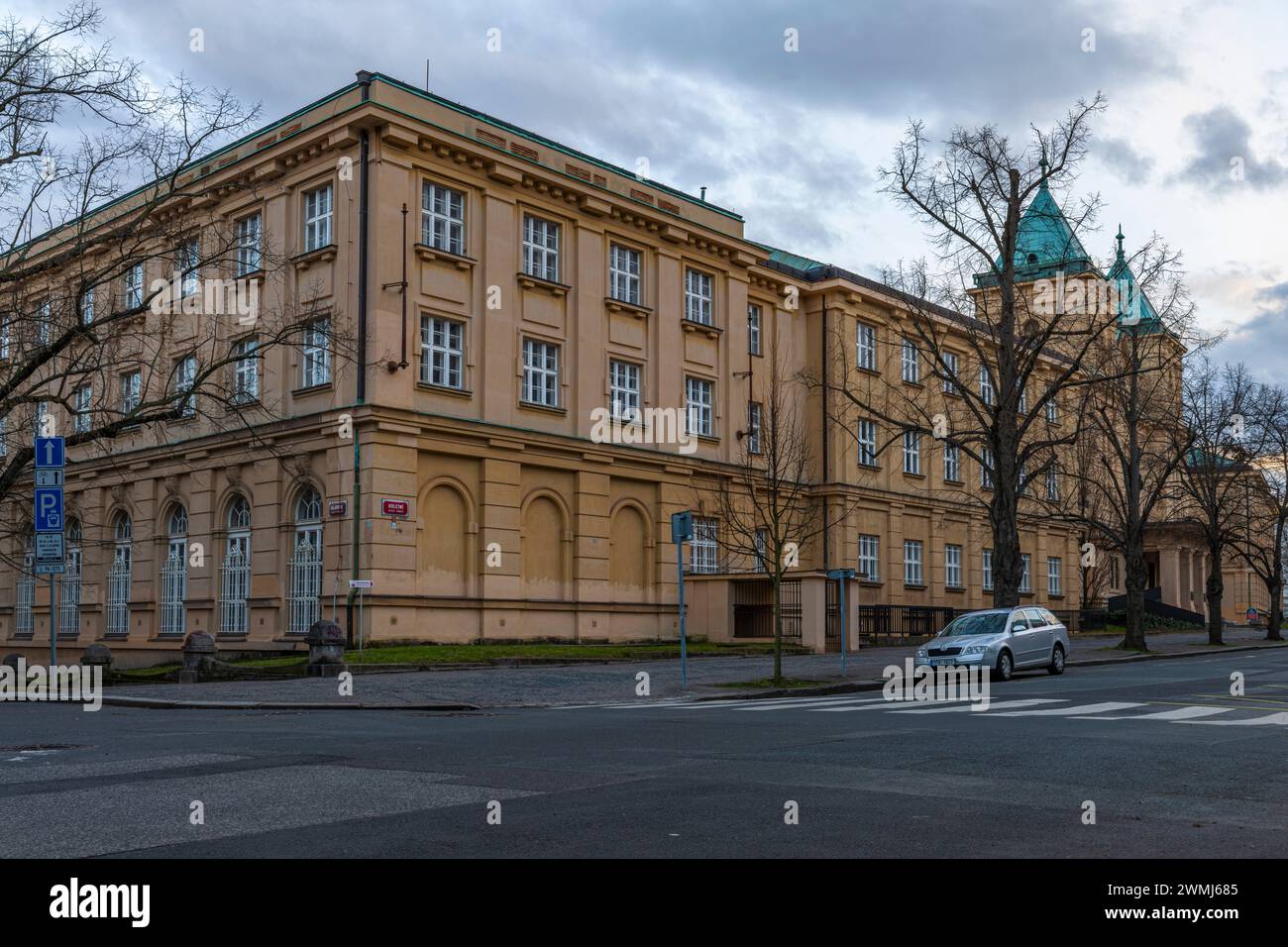 Old buildings in Dejvice part of capital in winter evening in Prague 02 ...