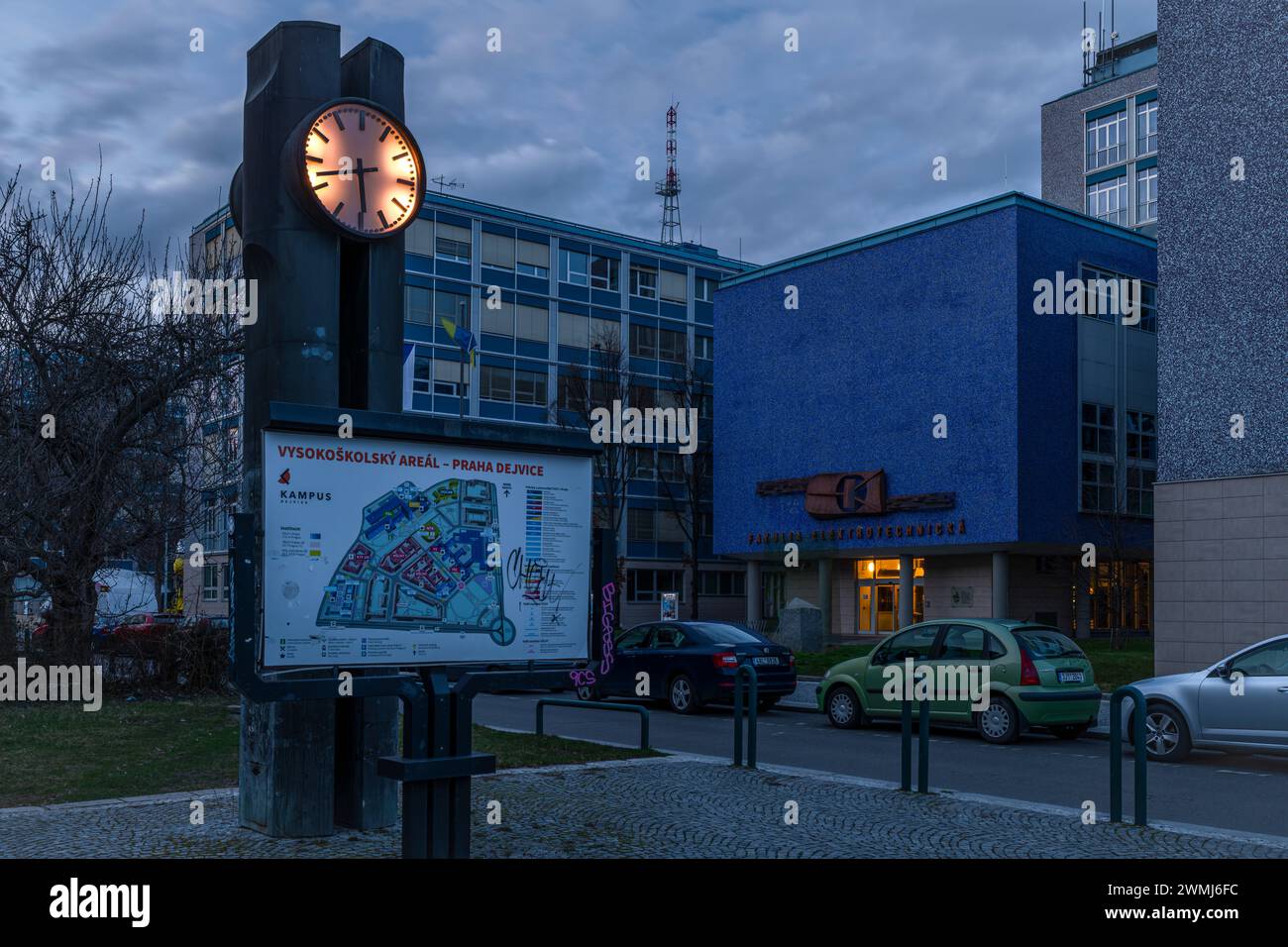 High school in Dejvice part of capital in winter evening in Prague 02 ...