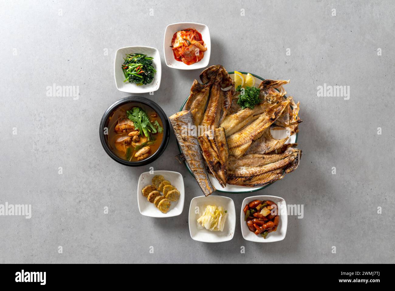 Korean food dish Rolled omelet, grilled fish, grilled mackerel, side ...