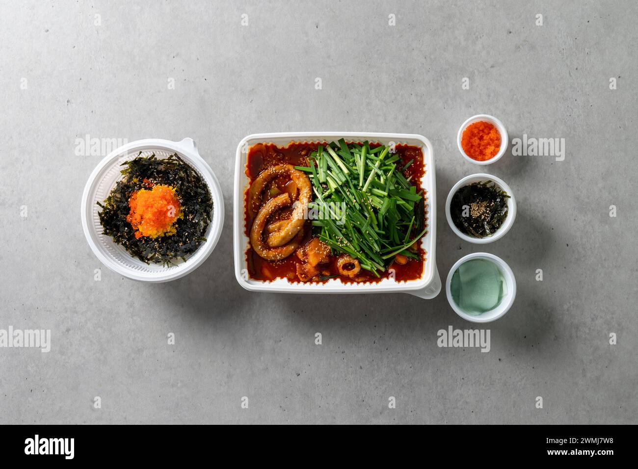 Beef gopchang gopdoritang, flying fish roe rice balls, and gopchang ...