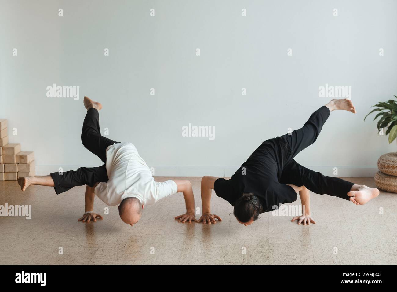 two young athletes practice yoga in the gym. Joint training, indoors ...