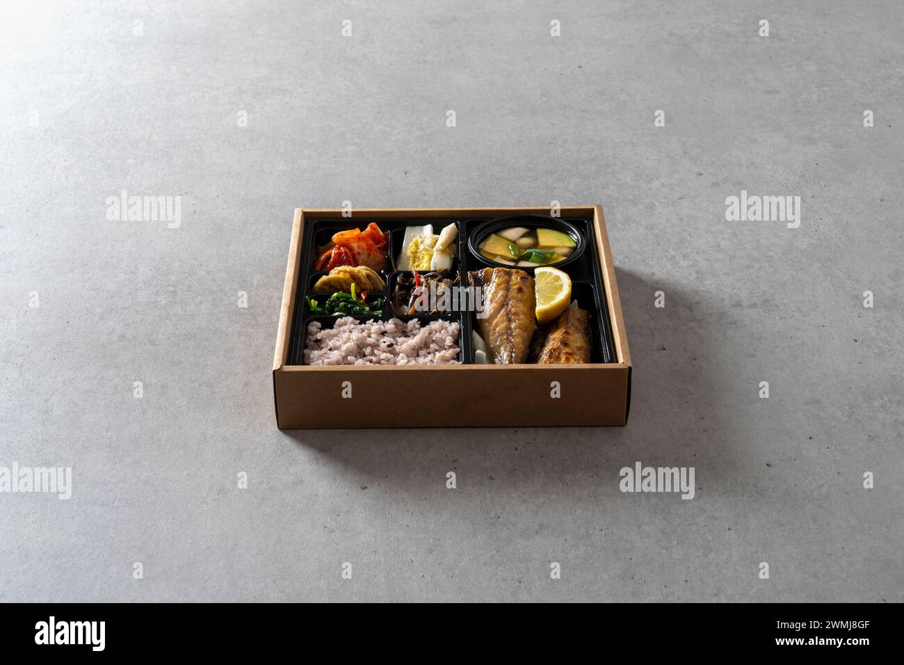 Grilled fish, lunch box, grilled mackerel, short rib patties, stir ...