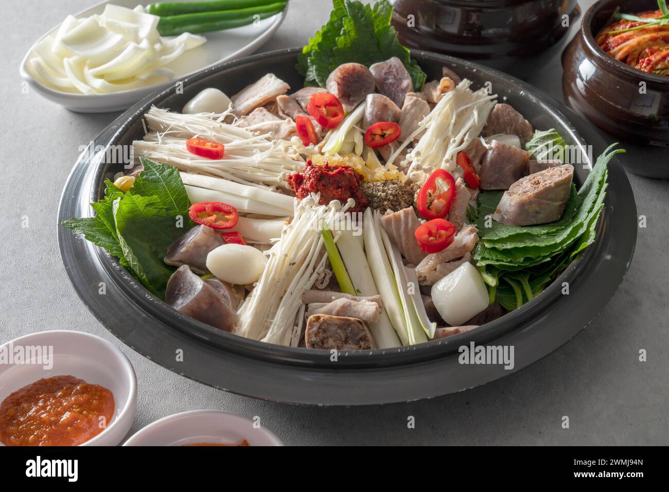 Korean food dish Boiled pork set, boiled pork, sundae, beef bone soup ...