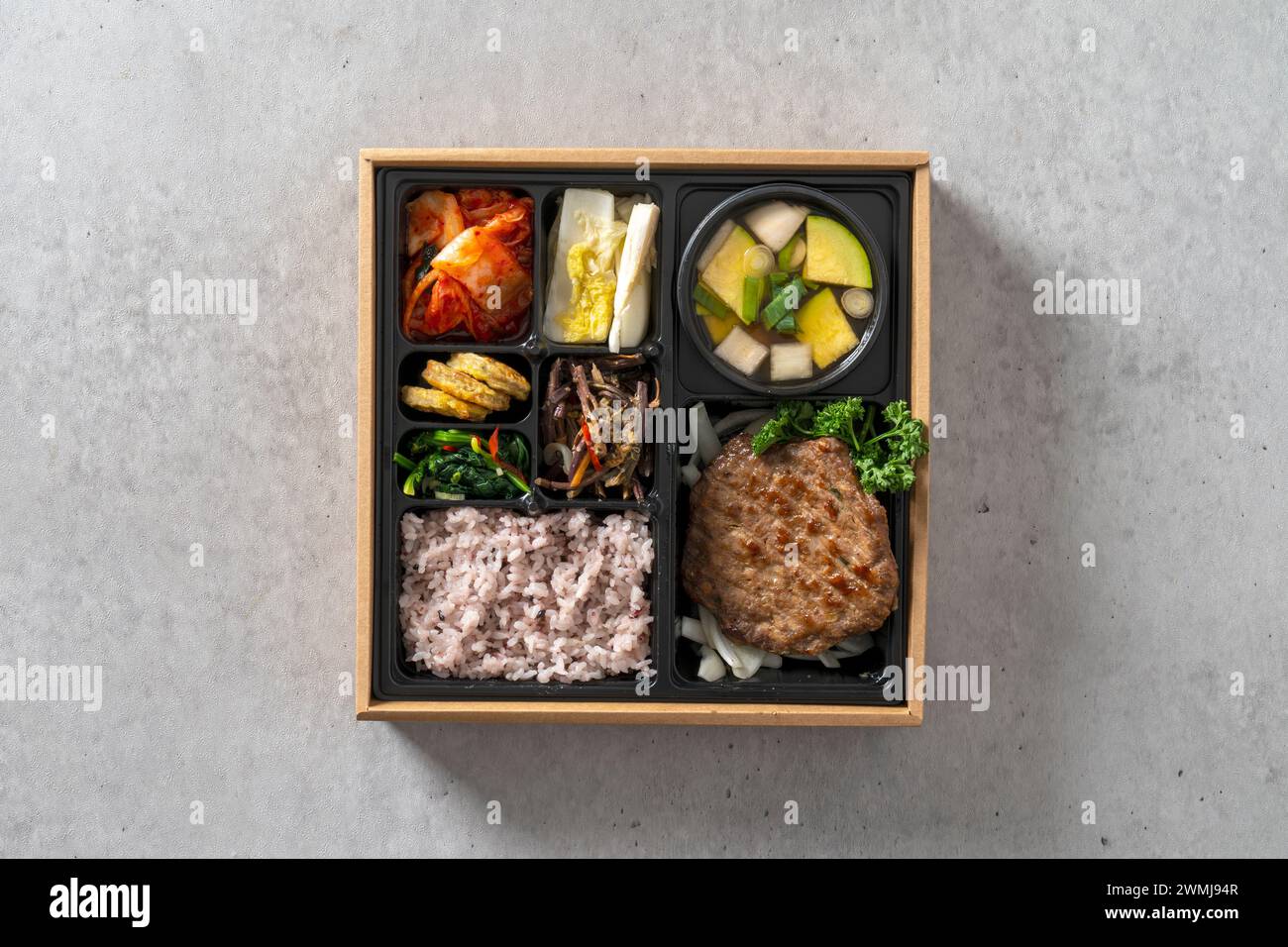 Grilled fish, lunch box, grilled mackerel, short rib patties, stir ...