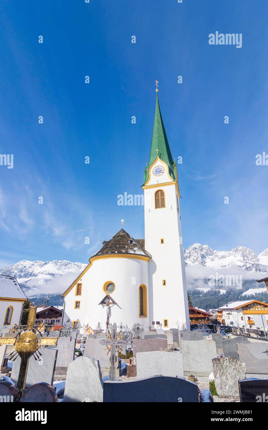 church Ellmau, Wilder Kaiser mountain range, snow Ellmau Wilder Kaiser ...