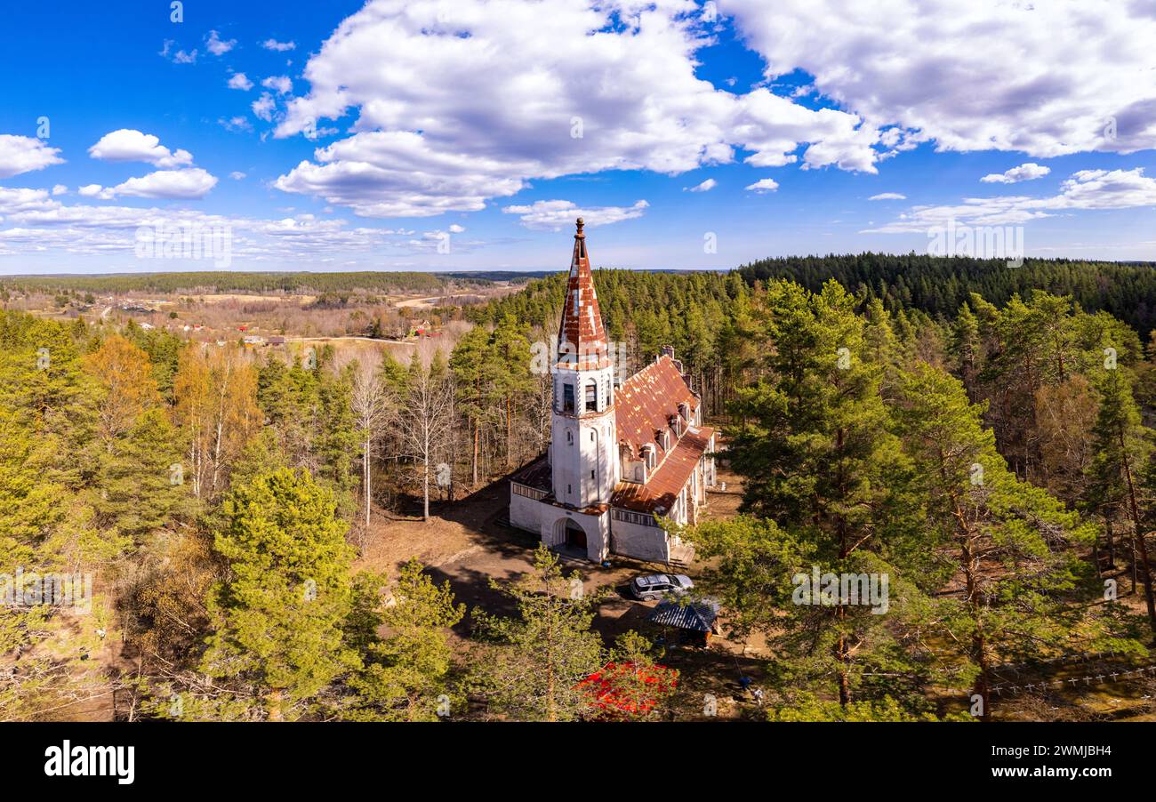Aerial top view to ancient Church of Vuoxela Parish near Romashki old ...