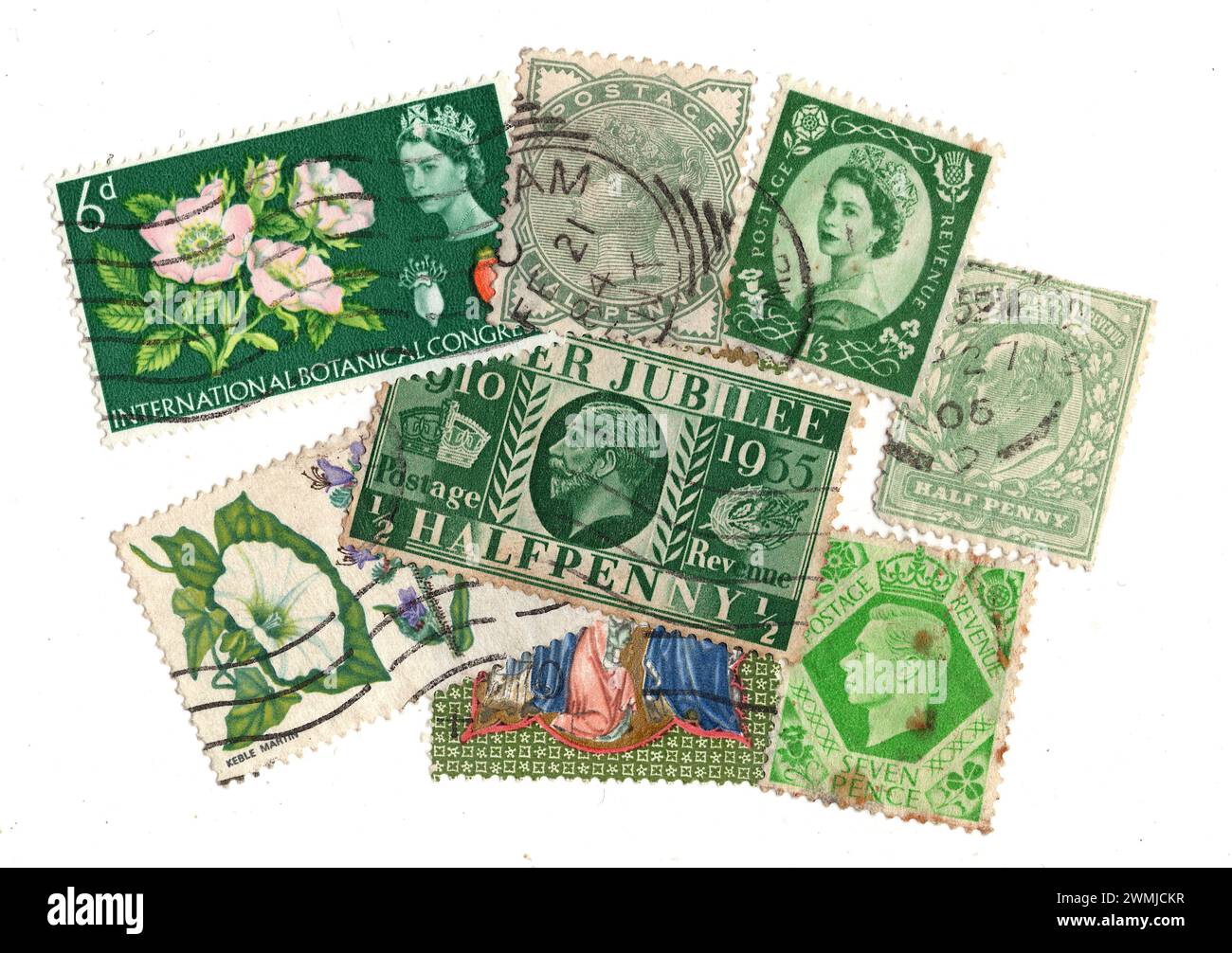 A montage of green vintage pre decimal postage stamps from the United ...
