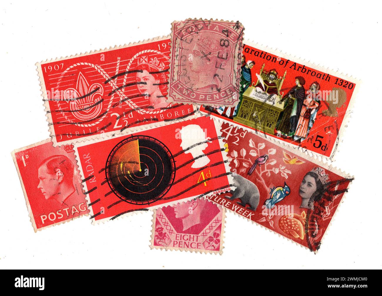 A montage of red vintage pre decimal postage stamps from the United ...