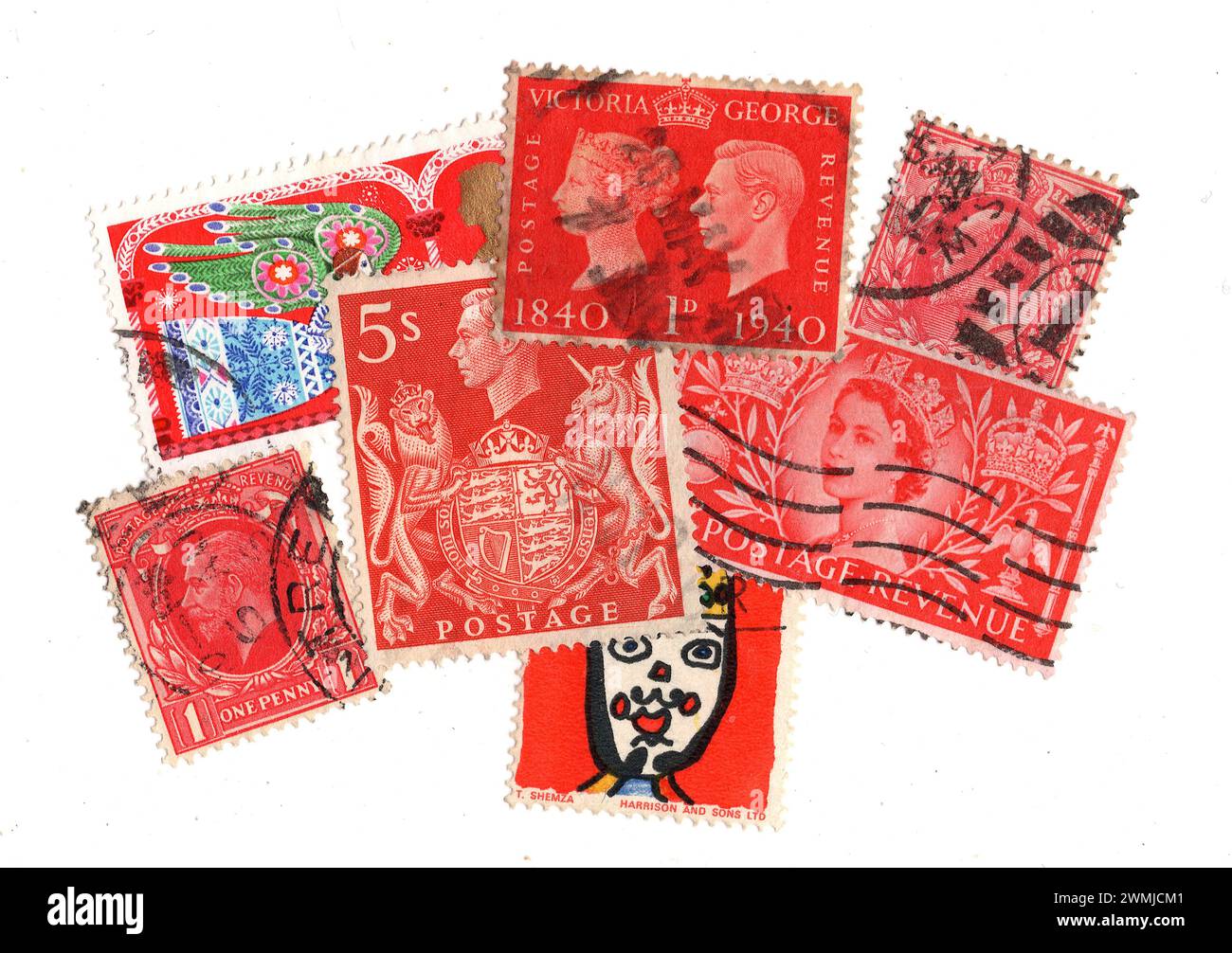 A montage of red vintage pre decimal postage stamps from the United ...