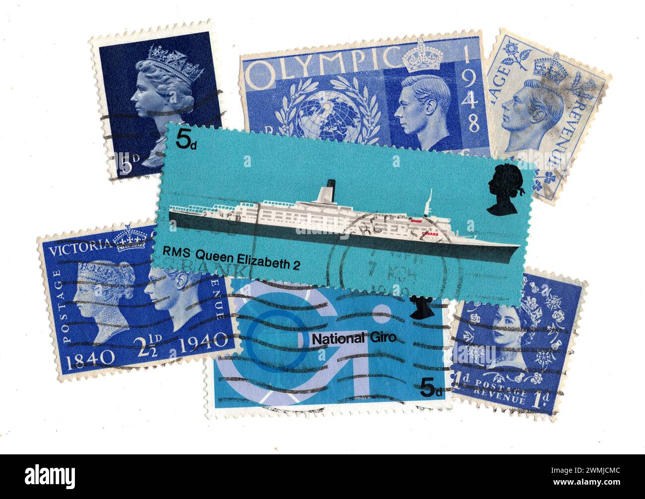 A montage of blue vintage pre decimal postage stamps from the United ...