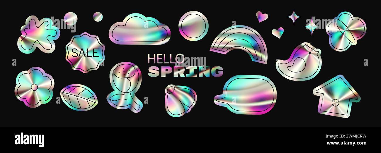 Hello spring holographic foil stickers set vector illustration Stock Vector Image & Art - Alamy
