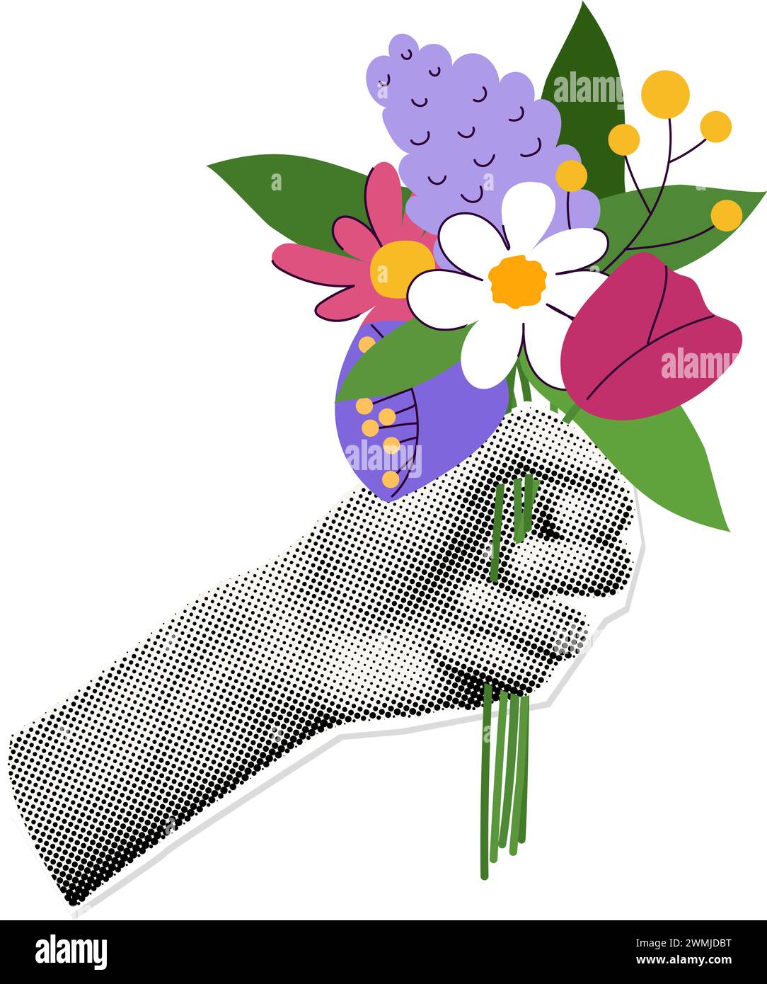 Hand holding bouquet of flowers art collage vector illustration Stock ...