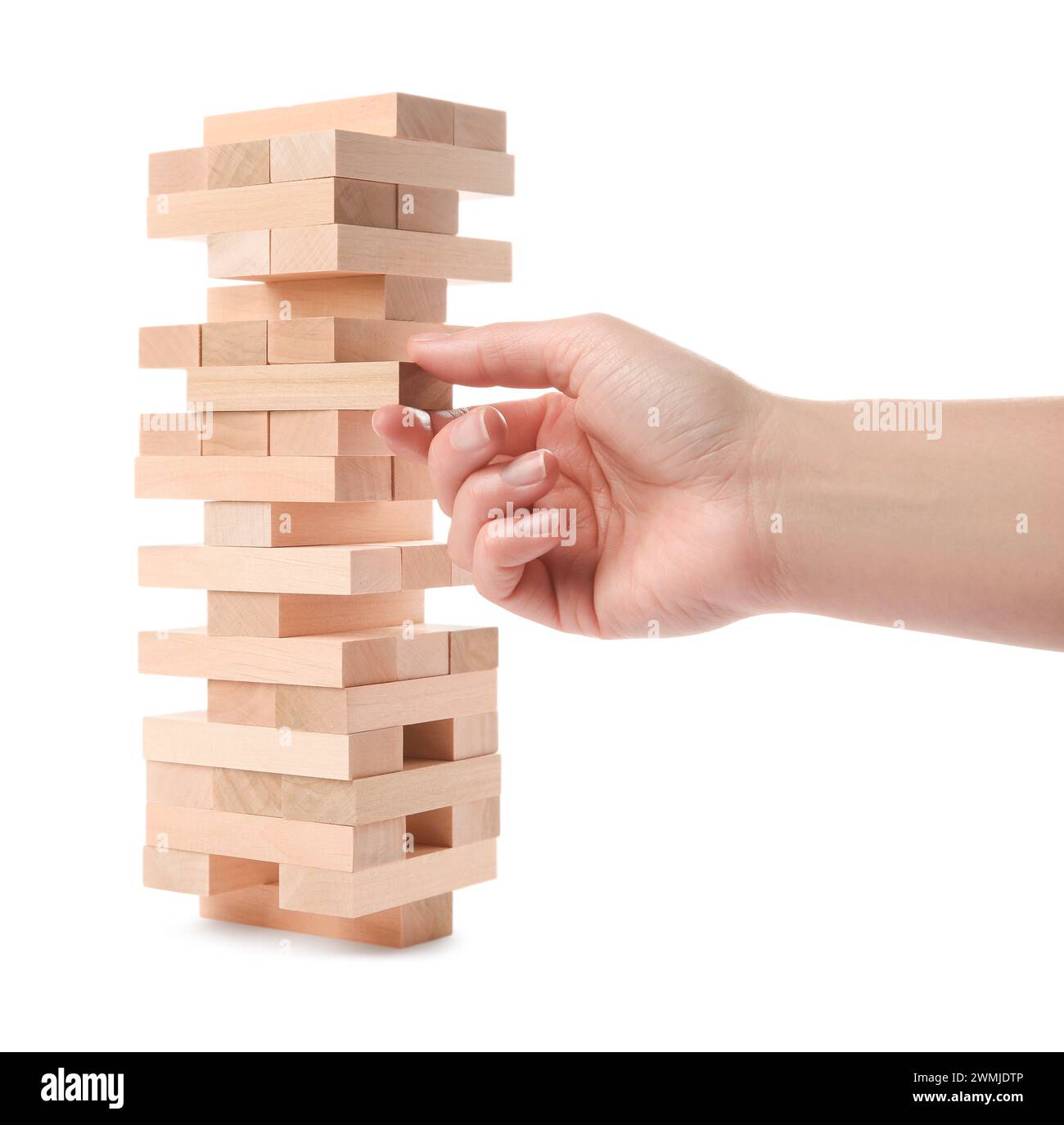 Woman playing Jenga on white background, closeup Stock Photo - Alamy