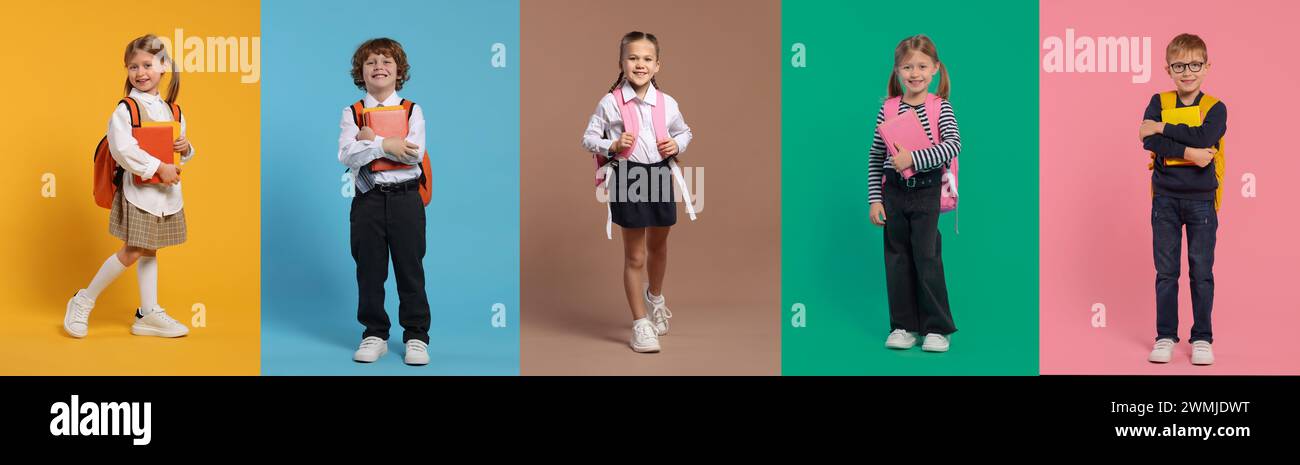 Happy schoolchildren with backpacks on color backgrounds, set of photos ...