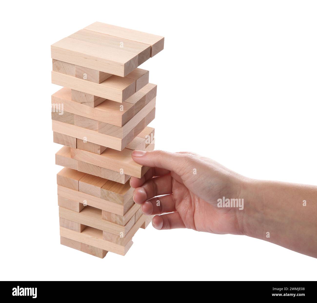 Woman playing Jenga on white background, closeup Stock Photo - Alamy