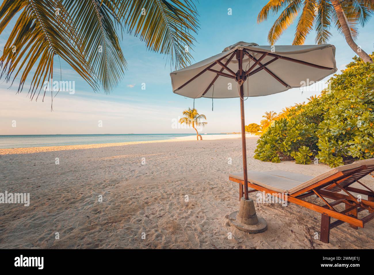 Amazing beach. Chairs on the sandy beach sea. Luxury summer holiday and ...