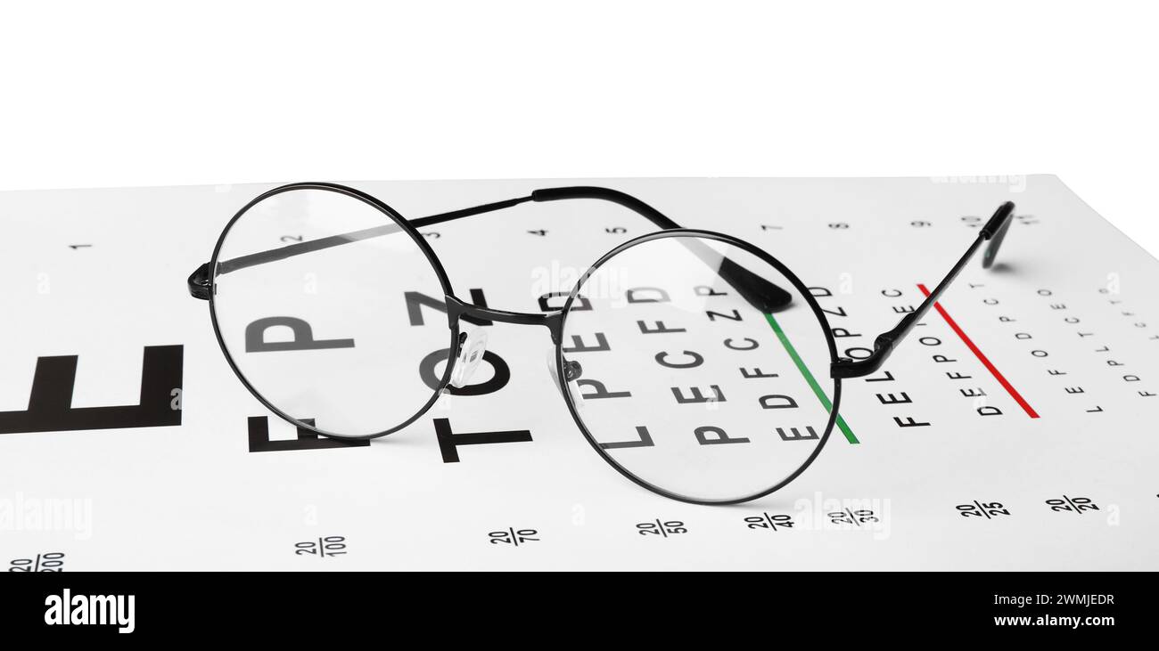 Glasses and vision test chart isolated on white Stock Photo - Alamy