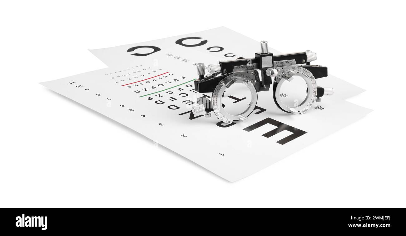 Trial frame and vision test charts isolated on white Stock Photo - Alamy
