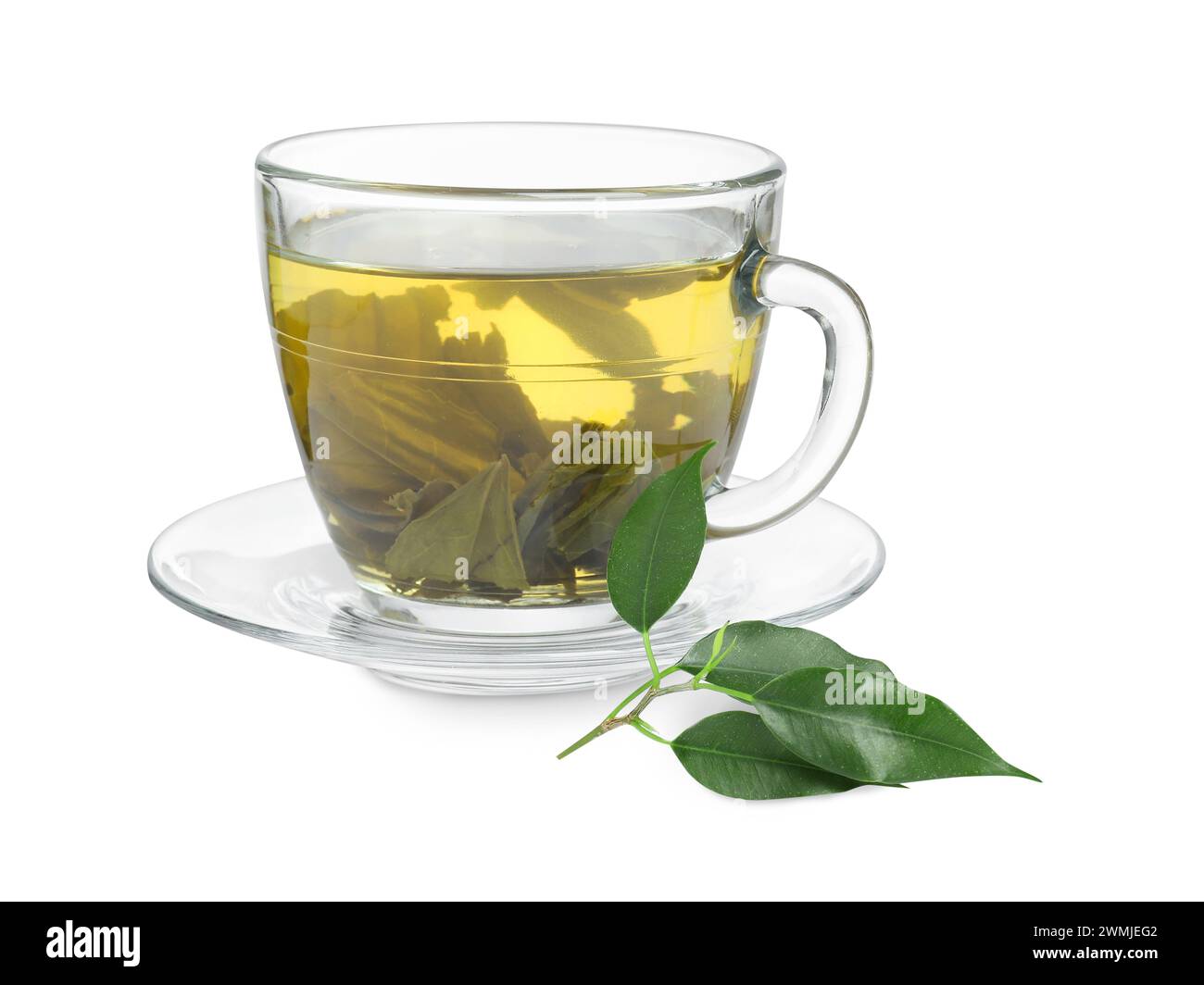Fresh green tea in glass cup, leaves and saucer isolated on white Stock ...