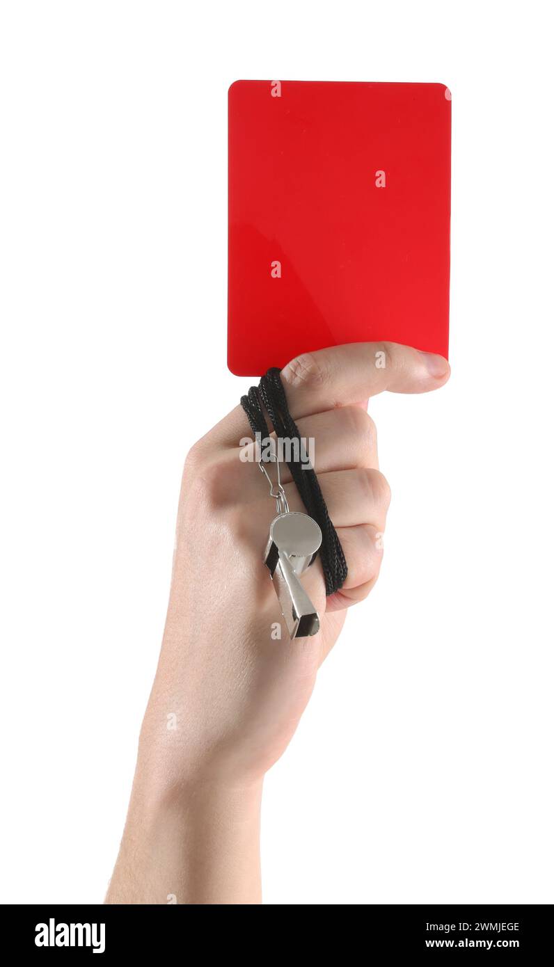 Referee holding red card and whistle on white background, closeup Stock ...