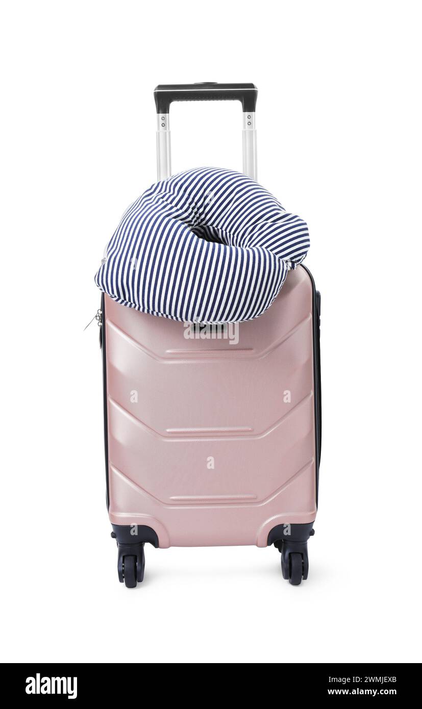 Soft travel pillow on suitcase isolated on white Stock Photo - Alamy