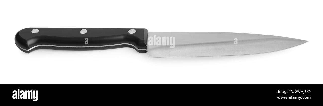 One sharp knife with black handle isolated on white Stock Photo - Alamy