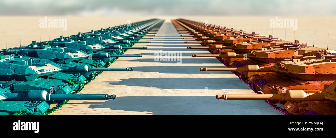 Infinite Row of Bi-Colored Tanks Lined up on Desert Ground at Dusk ...