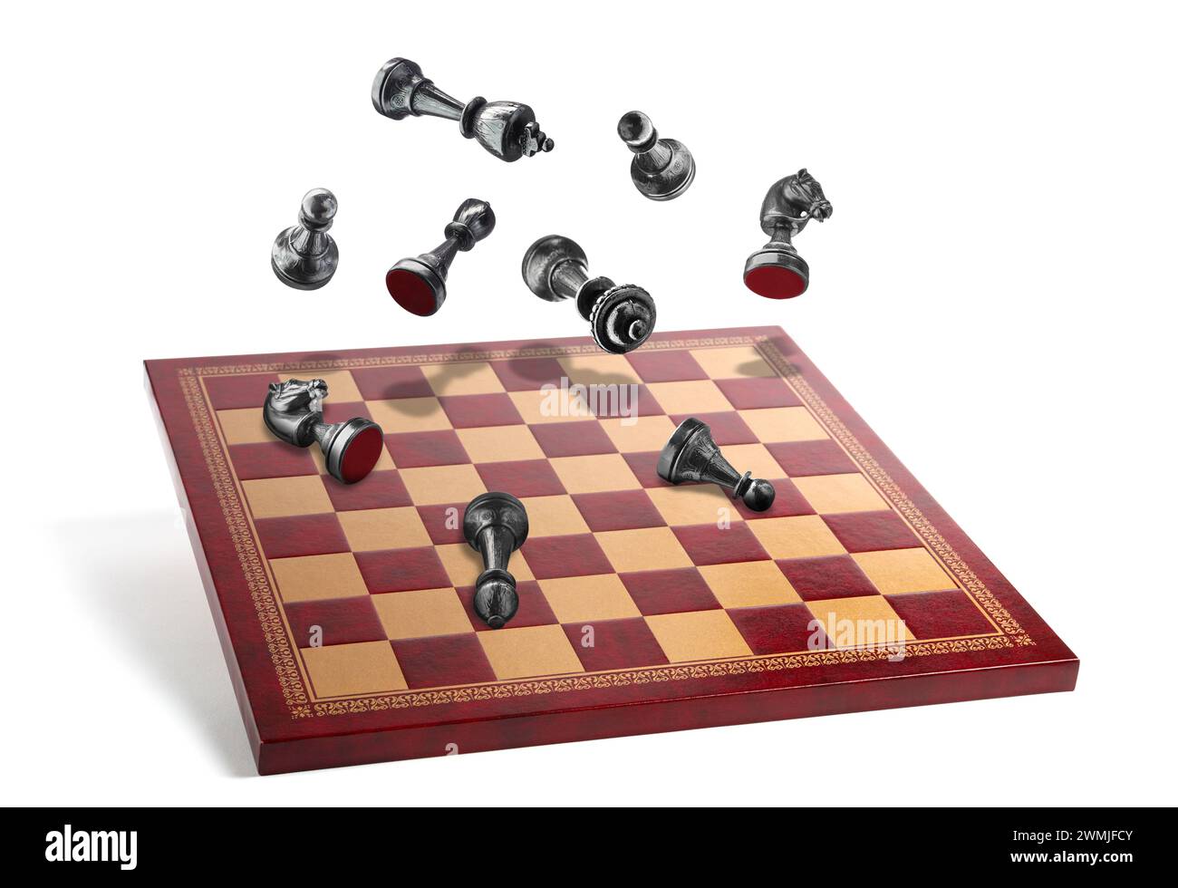 Chess pieces and wooden checkerboard in air on white background Stock ...