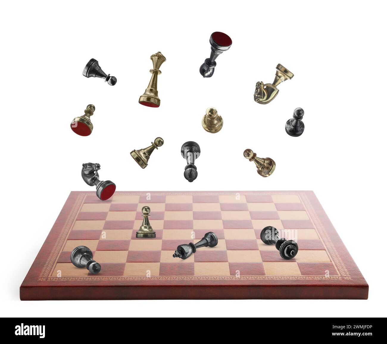Chess pieces and wooden checkerboard in air on white background Stock ...