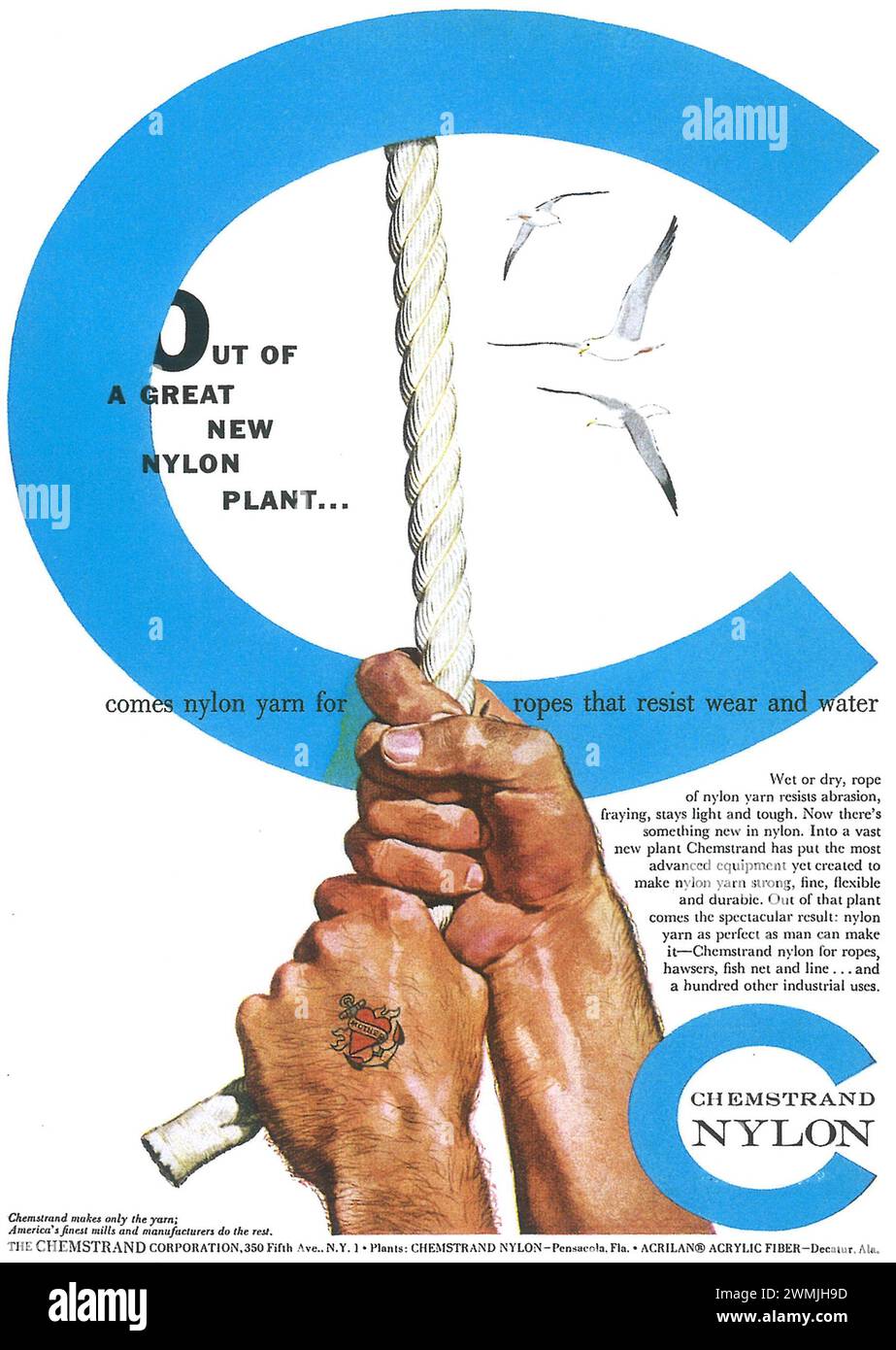 1959 Chemstrand Nylon Print Ad. "Out of a great nylon plant comes nylon yarn for ropes that ...