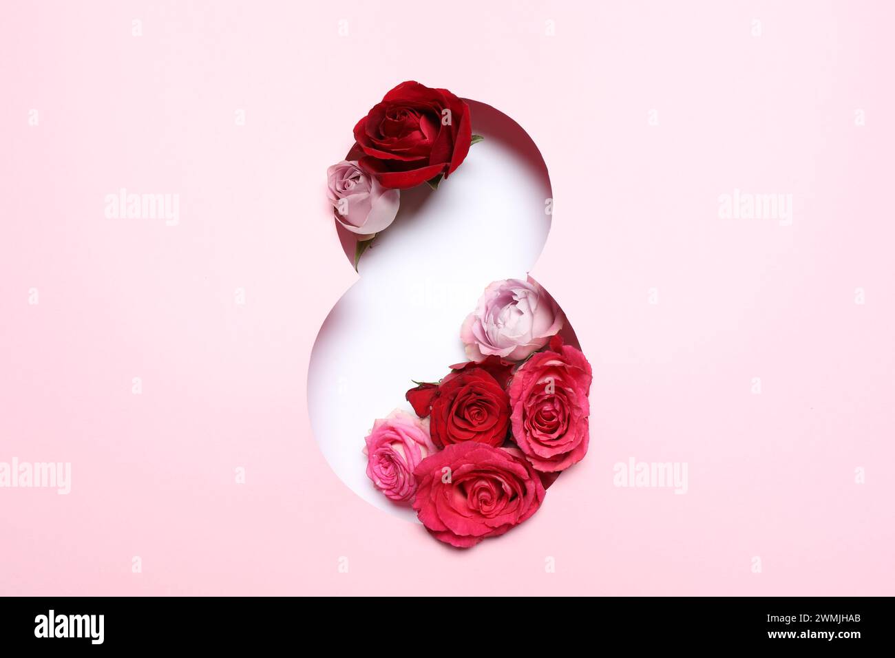 8 March greeting card design with roses, top view. Happy International ...
