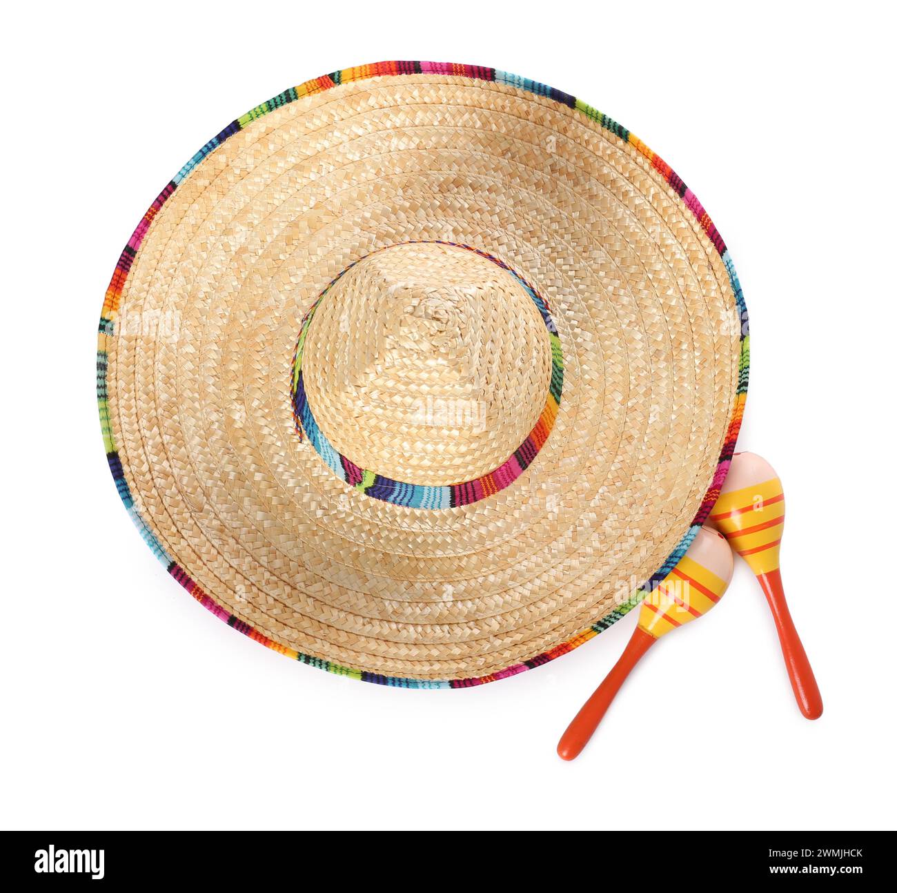 Mexican sombrero hat and maracas isolated on white, top view Stock ...