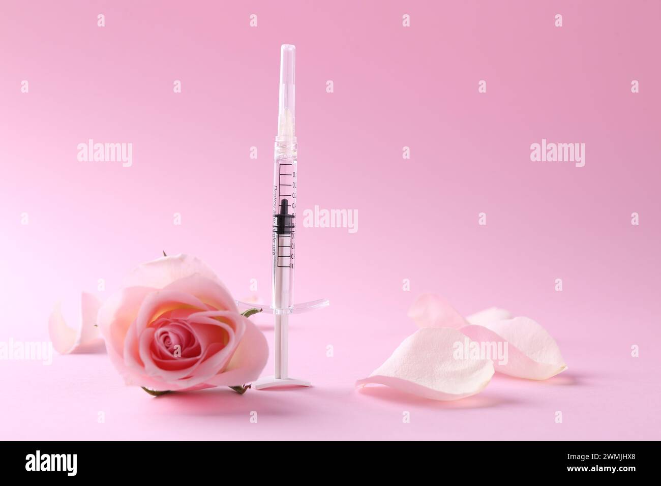 Cosmetology. Medical syringe, rose flower and petals on pink background ...