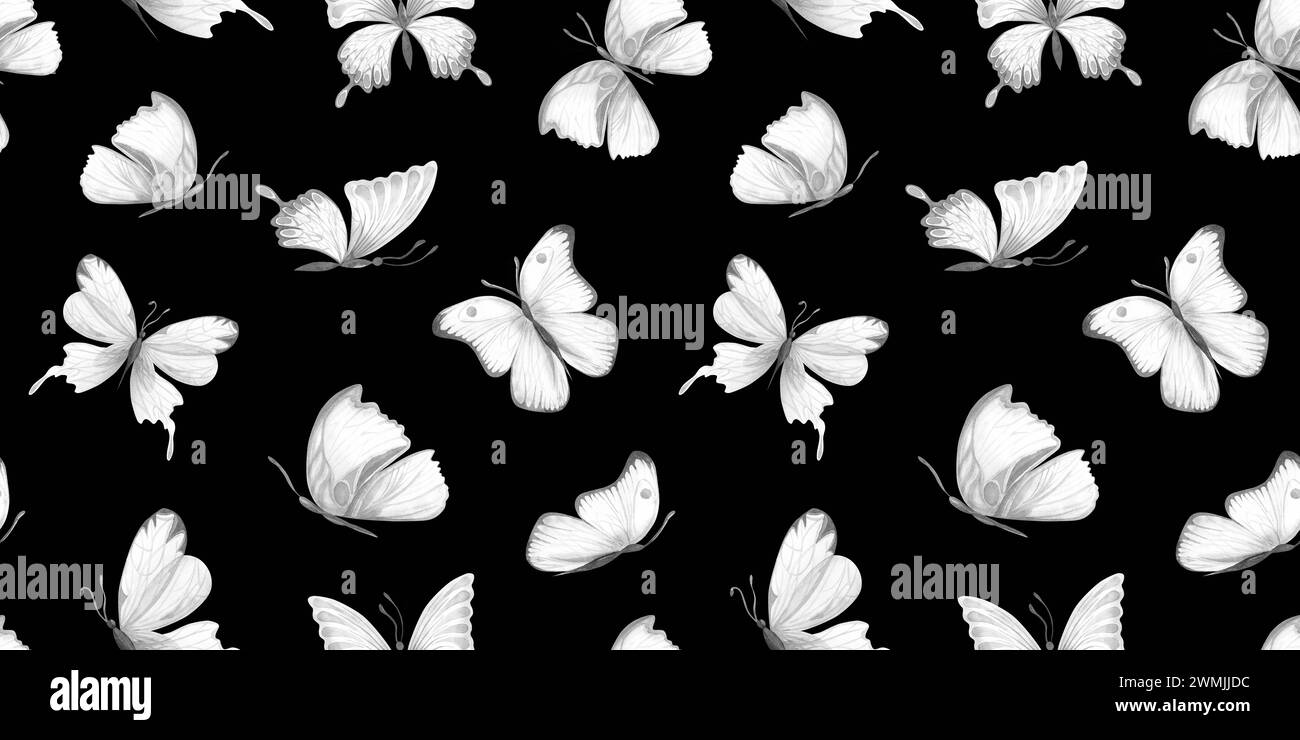 Seamless pattern with bright watercolor grey butterflies on black ...
