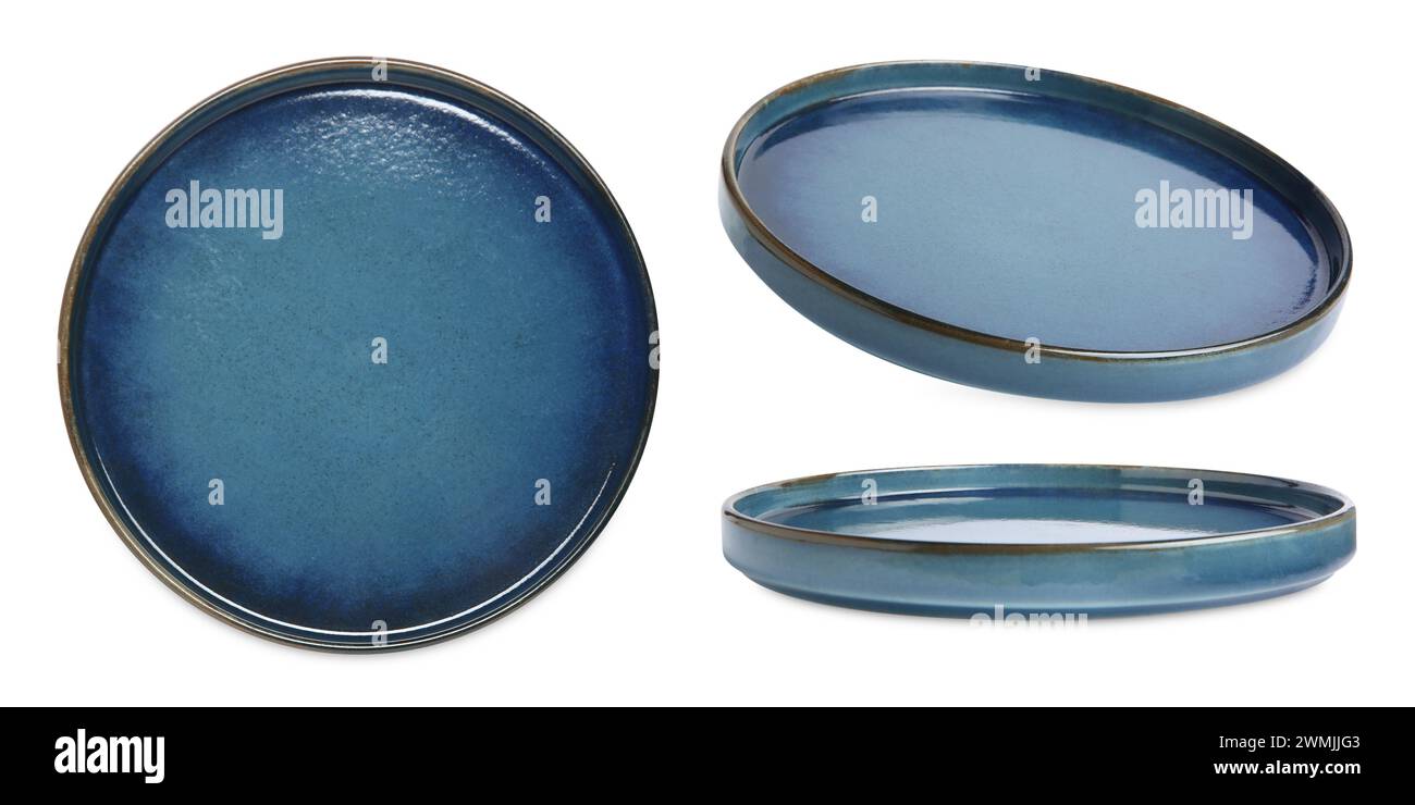 Blue ceramic plate isolated on white, set with different views Stock ...