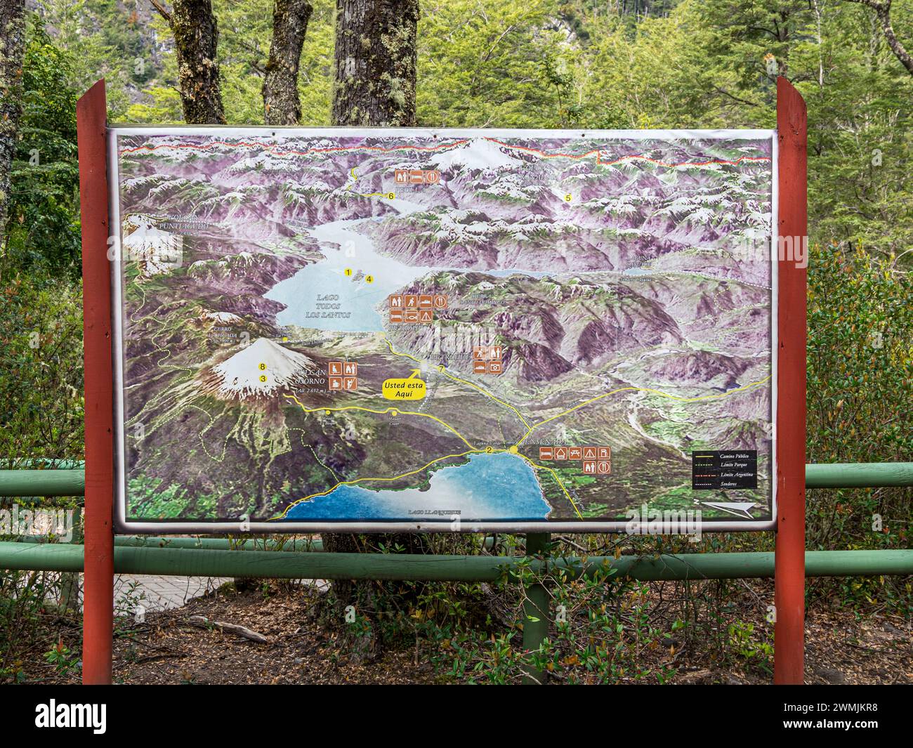 Signpost at National Park Vicente Perez Rosales, map of lake region ...
