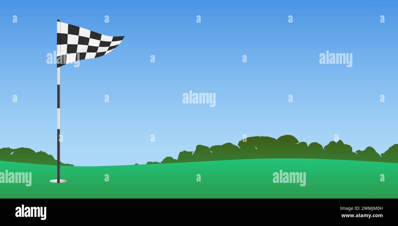 A triangle checkered golf flag waving on a flagpole, on a lush green ...