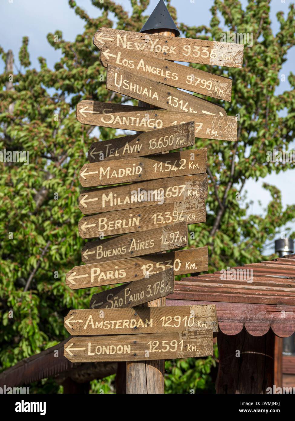 Signpost showing directions to major world cities, Plaza del Arma ...