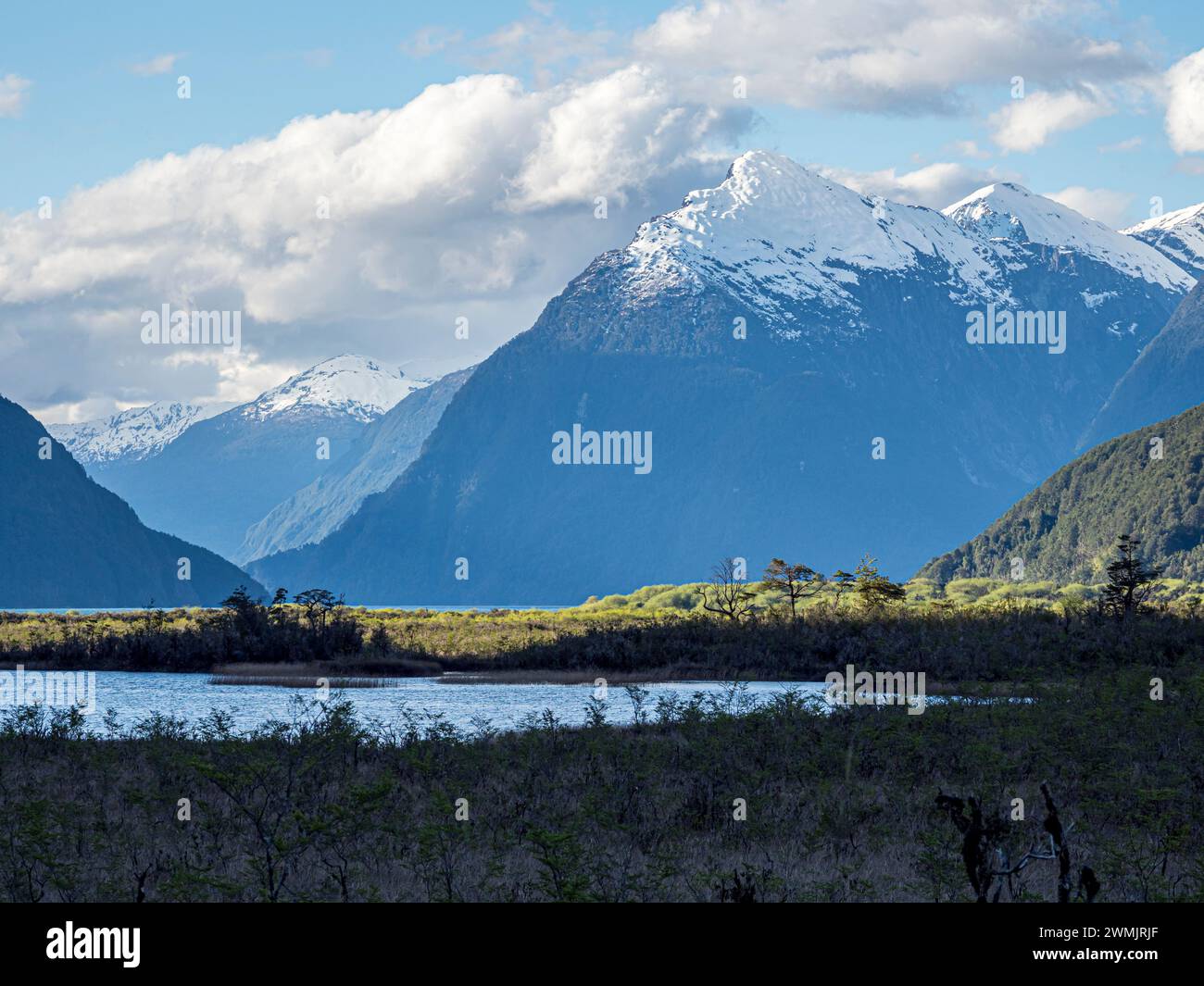 Mountain range at southern shore of Lake Lago Yelcho, along Road 235 ...