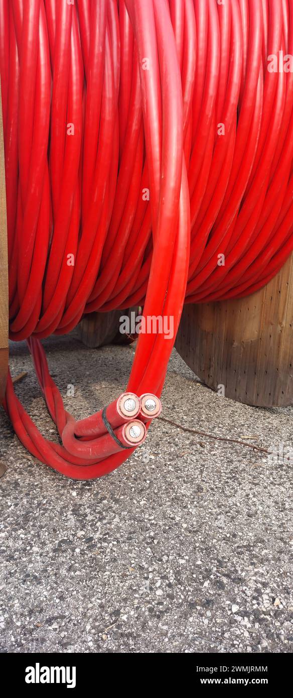 Detail of BIG cable drum also called Electrical conductor reel with red ...