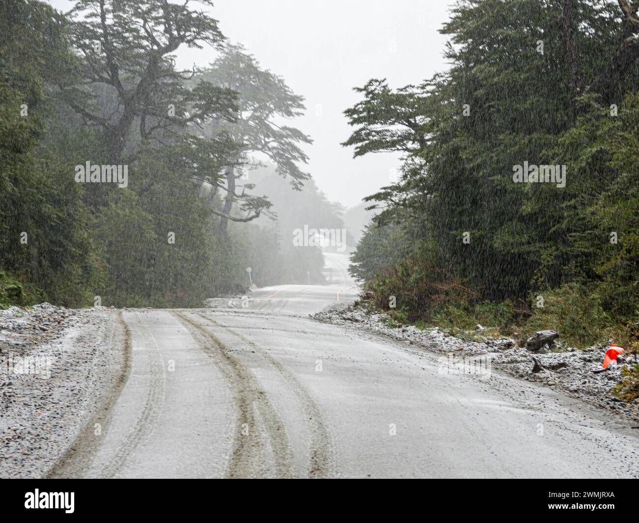 Road Carretera Austral south of village Puyuhuapi, mountain pass ...