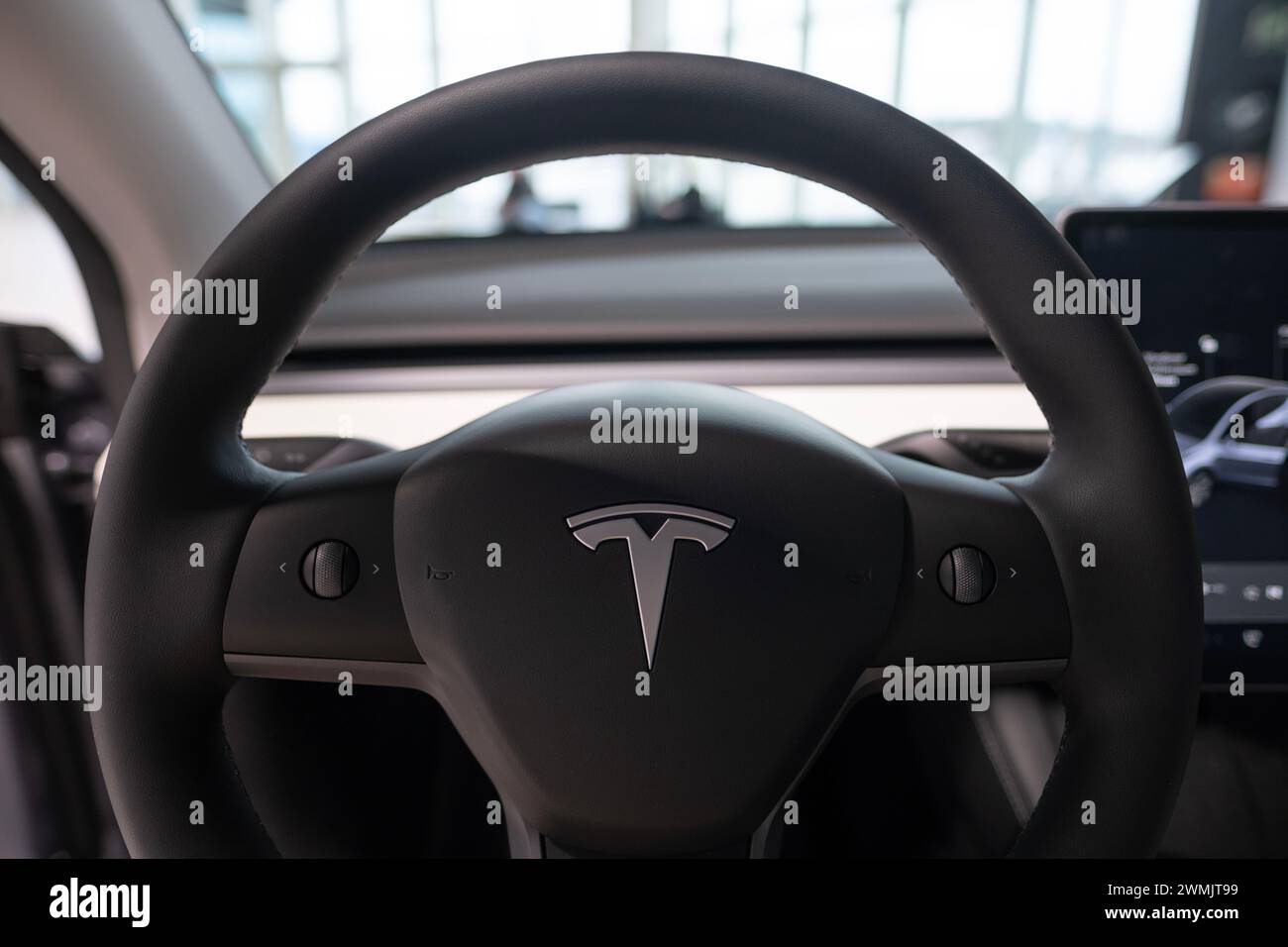 closeup steering wheel, Interior, cockpit of Tesla car model Y ...