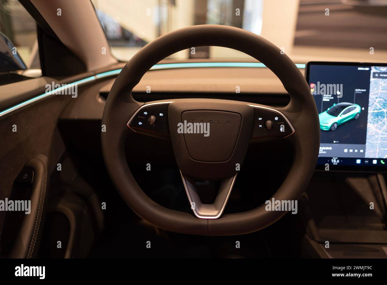 steering wheel, Tesla electric car model 3 Interior, Highland light ...
