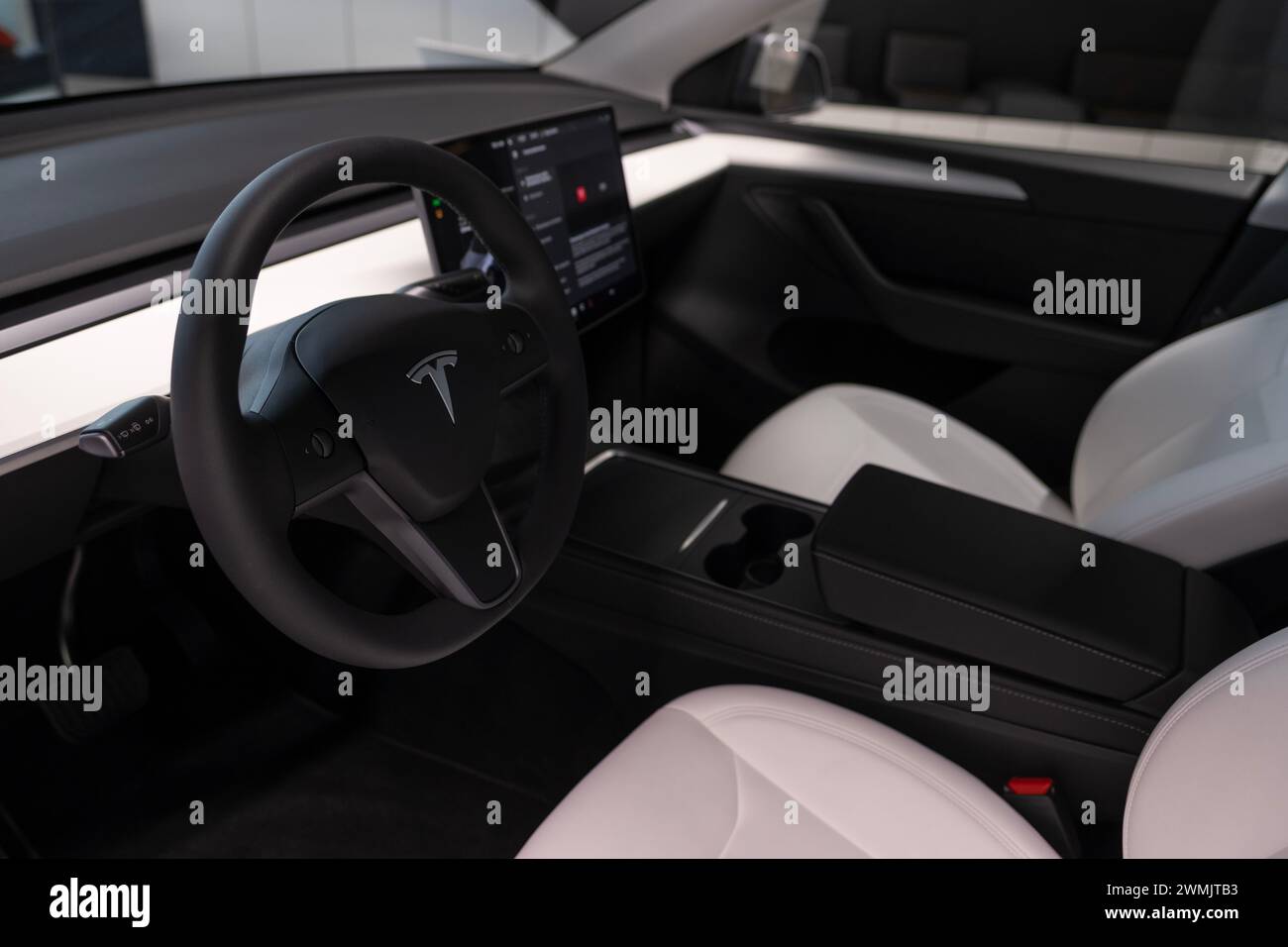 closeup steering wheel, Interior, cockpit of Tesla car model Y ...