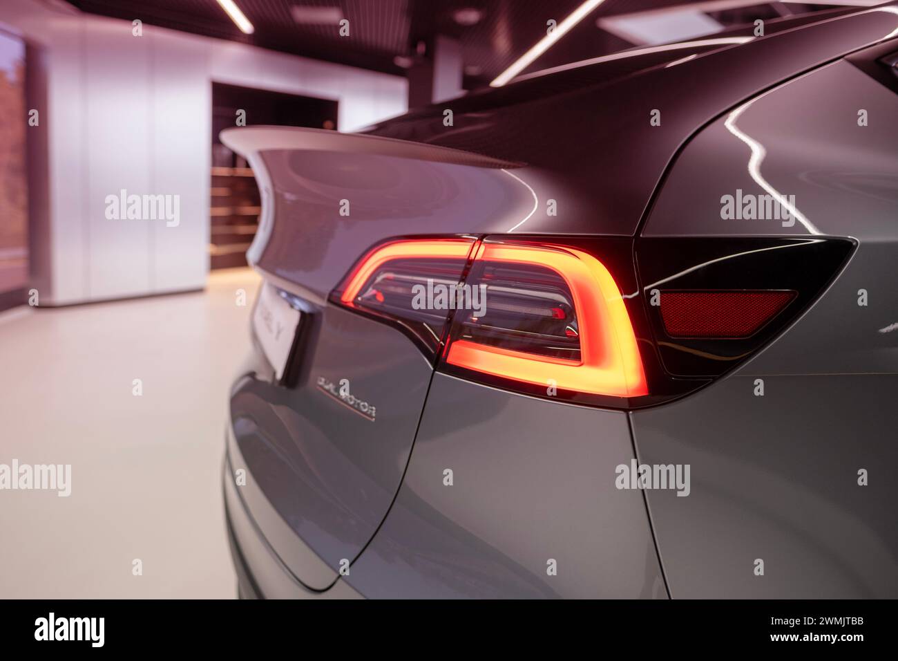 closeup taillights of grey electric tesla model y performance ...